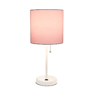 Limelights LT2044-POW Stick USB Charging Port and Fabric Shade Table Lamp, White/Light Pink,8.5 x 8.5 x 19.5