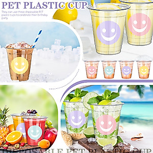 meekoo 100 Pack Preppy Smile Face 12 oz Clear Plastic Cups Bulk Disposable Drink Cups Cute Pastel Smile Face Disposable Preppy Bachelorette Theme Birthday Party Favors Events Picnic Travel