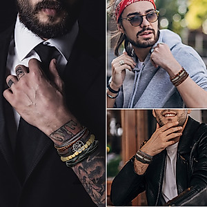 HANPABUM 18pcs Braided Leather Bracelets for Men Women Woven Cuff Wrap Bracelet Wood Beads Ethnic Tribal Bracelets Adjustable