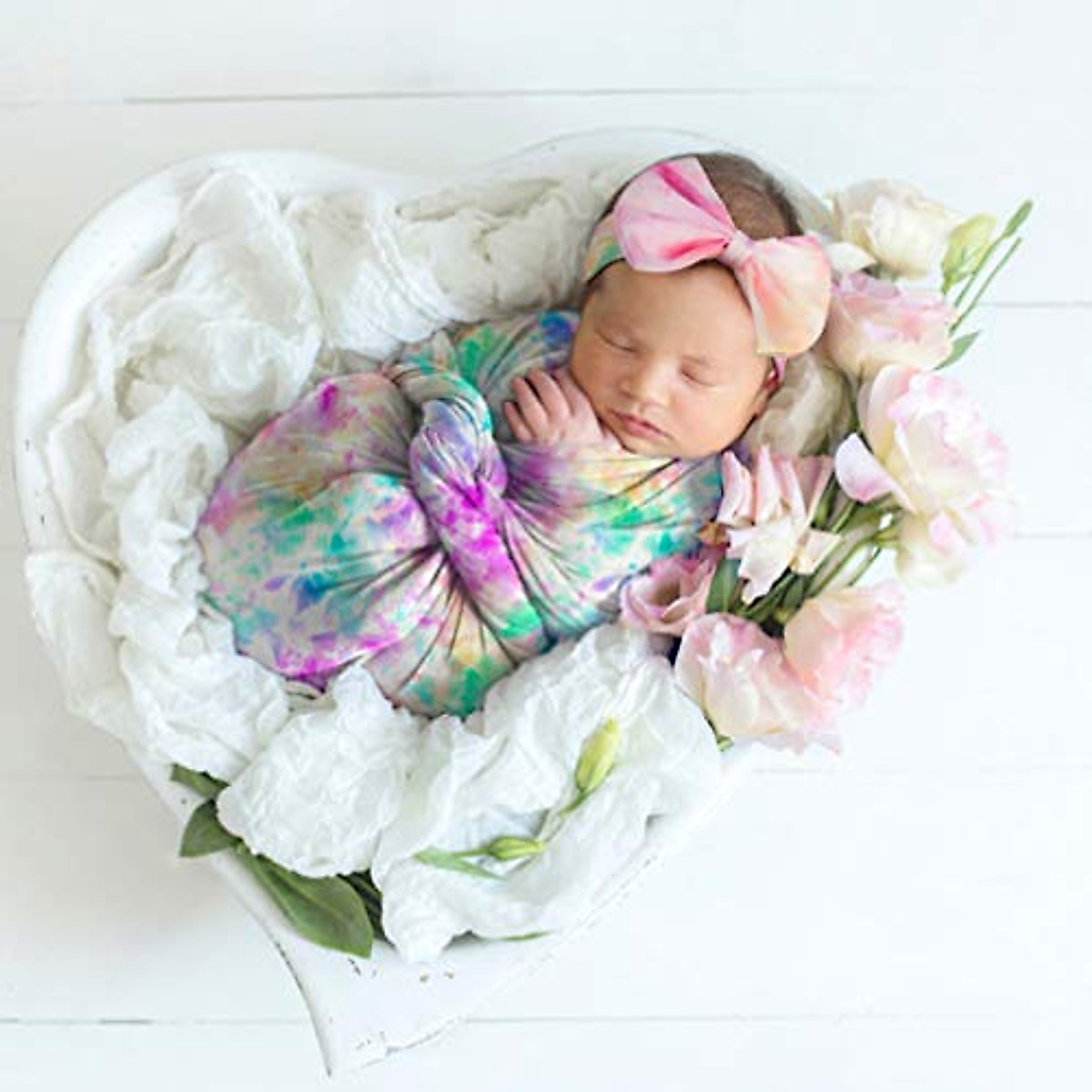 TOYANDONA Infant Swaddle Wrap Tie Dye Receiving Blanket with Bow Headbands Baby Wrap Blanket Stretchy Swaddle Sack Photo Booth Prop for Newborn Infant Baby Unisex