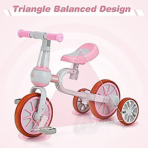 OLAKIDS Toddler Tricycle, 5 in 1 Kids Trike for Age 2-4 with Push Handle, Baby Bike with Adjustable Seat and Handle, Removable Pedal and Training Wheels for Boys Girls Toy Gift (Pink)