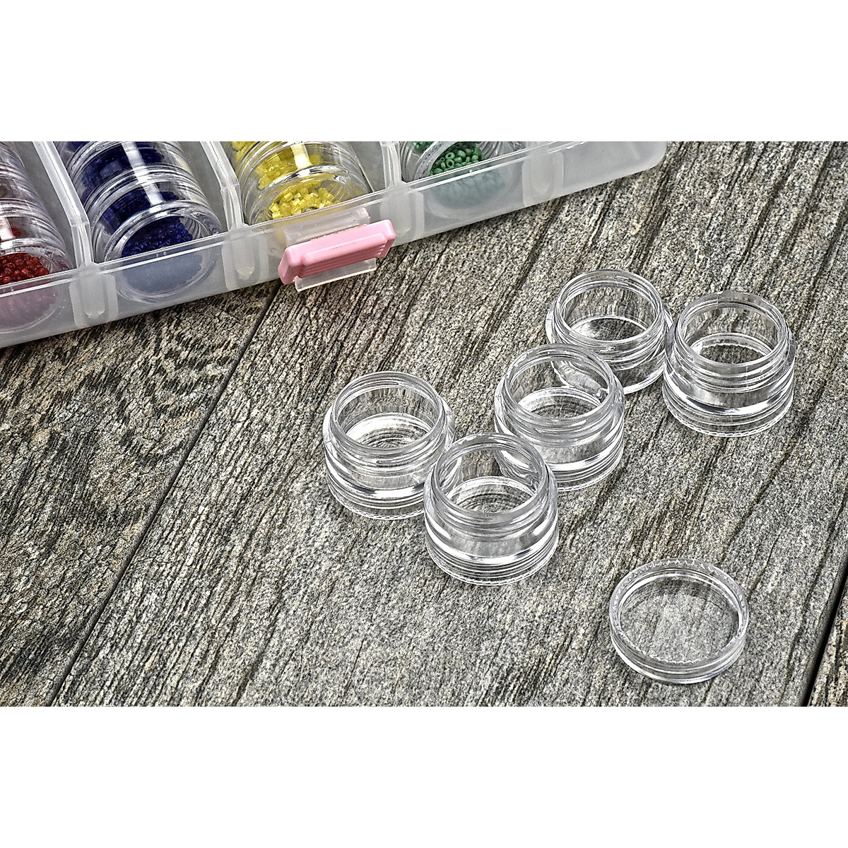 SE 25-in-1 Round Containers Inside a Plastic Storage Box with Stackable Screw-On Lids, 7/8" x 1-1/8", Clear - 87134DB