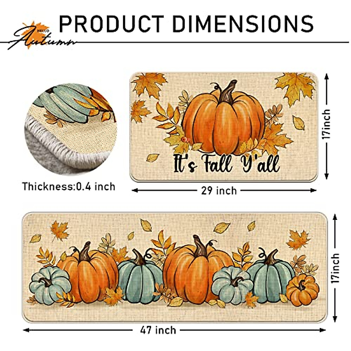 Tailus It's Fall Y'all Pumpkin Patch Kitchen Rugs Set of 2, Autumn Maple Leaves Kitchen Mats Decor, Teal Farmhouse Thanksgiving Floor Door Mat Home Decorations - 17x29 and 17x47 Inch