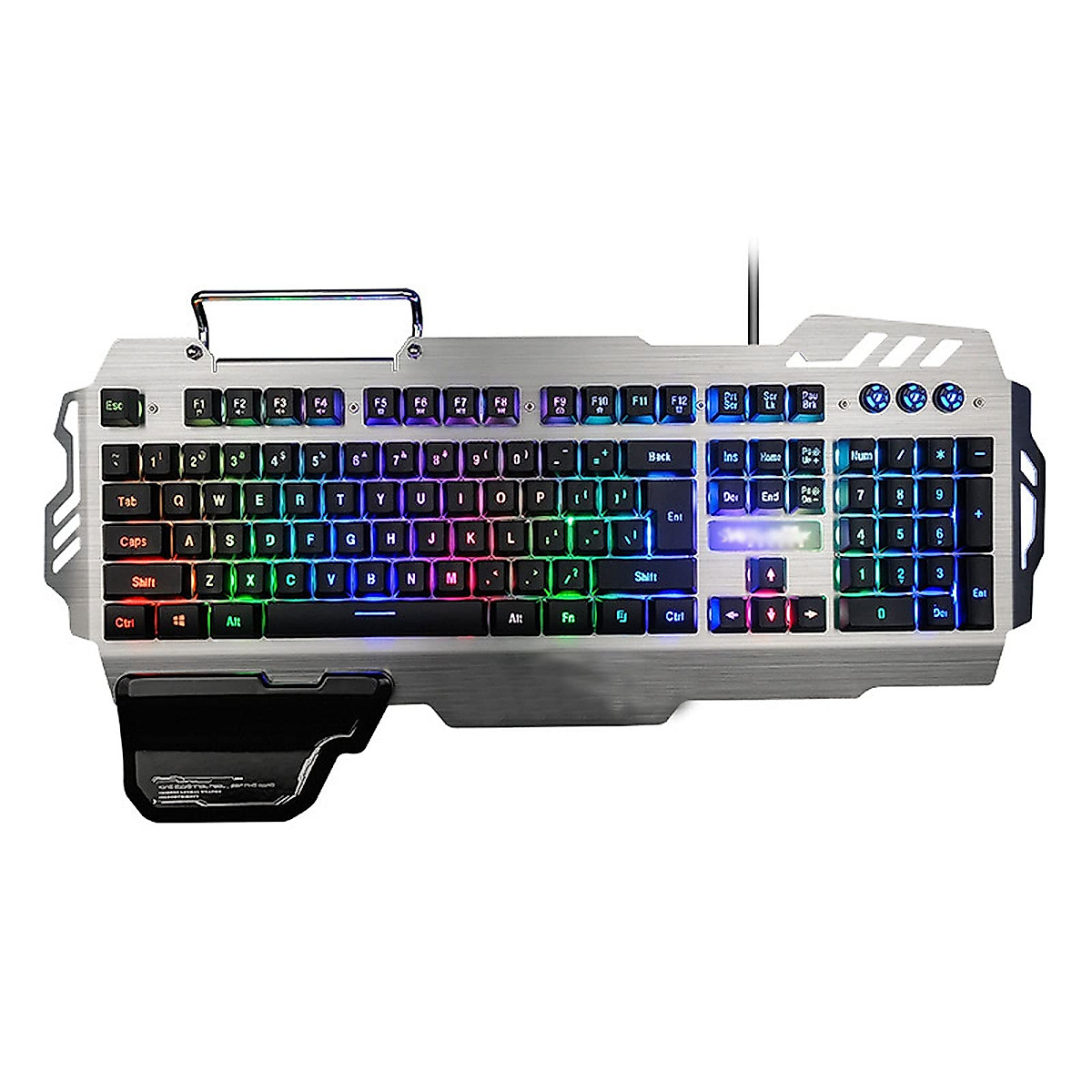 MUMUJJ Computer Gaming Mechanical Keyboard, 7-Color Rainbow Backlit Effect, with Mobile Phone Holder, Multimedia Shortcuts, Black