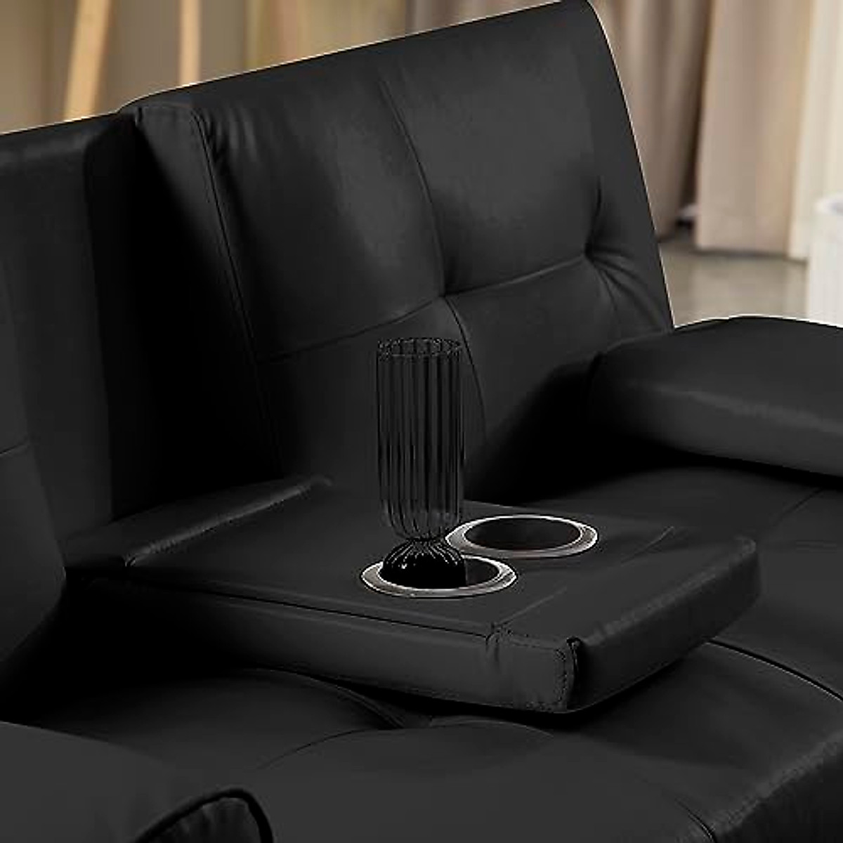 Anwick Modern Leather Futon Sofa Bed,Convertible Folding Couch Recliner Sleeper Loveseat for Small Space,Apartment,Office,Dorm,with Cup Holders and Removable Armrest (Black-New)