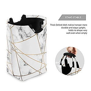 ALAZA Large Laundry Basket White Marble with Gold Geometric Lines Laundry Bag Hamper Collapsible Oxford Cloth Stylish Home Storage Bin with Handles, 22.7 Inch