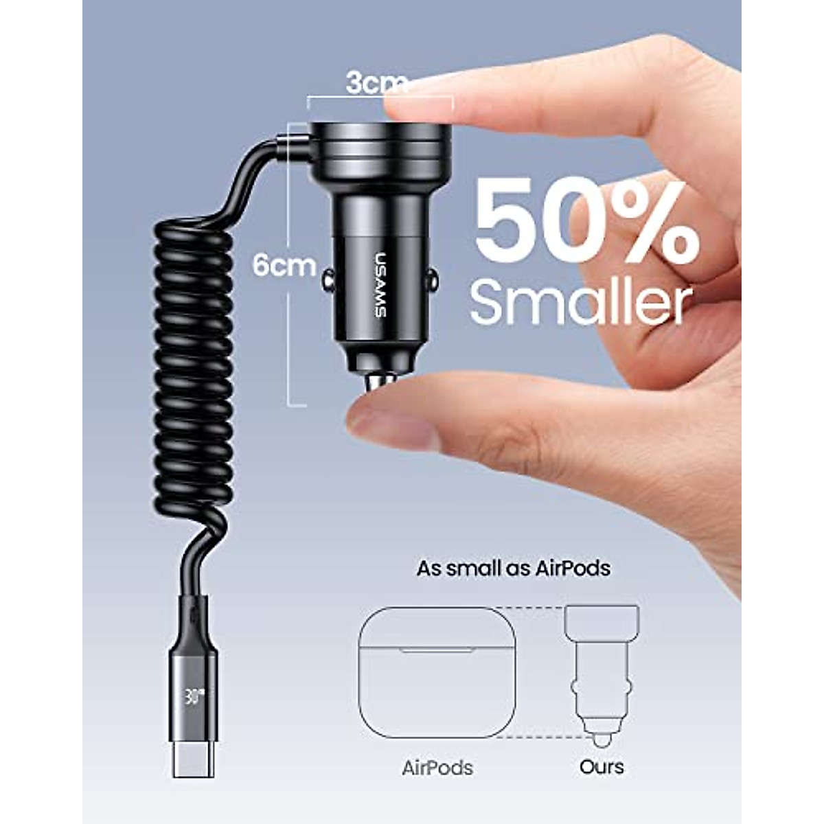 USB C Car Charger, 60W Super Fast Car Charger PD & QC 3.0 with 30W Type C Coiled Cable, Car Phone Charger for iPhone 15 Series/Samsung Galaxy S23-S21/iPhone 14-8/Google Pixel/LG/Android/iPad/MacBook