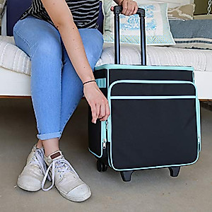 Everything Mary Rolling Craft Bag, Black & Teal - Papercraft Tote with Wheels For Scrapbook & Art Storage - Organizer Case for IRIS Boxes, Supplies, and Accessories