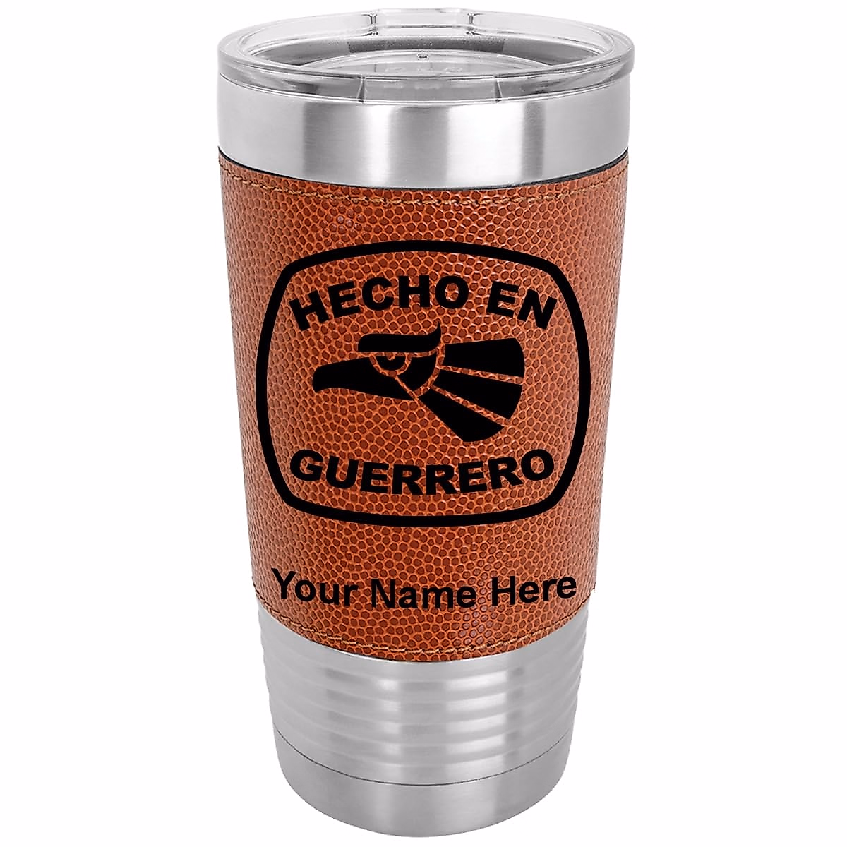 LaserGram 20oz Vacuum Insulated Tumbler Mug, Hecho en Guerrero, Personalized Engraving Included (Faux Leather, Basketball Style)