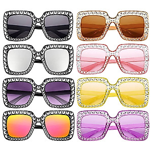 SUNOVELTIES 8 Pieces Women Sparkling Crystal Sunglasses Oversized Square Diamond Thick Frame Glasses Funky Big Cool Eyeswear