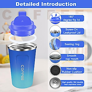 JTRYEMU Travel Mug 12 oz Insulated Coffee Cup with Lid, Reusable Leak Proof Tumbler, Stainless Steel Vacuum Gradient Colorful Thermos Cup, Thermal Keeps Cold and Hot for Coffee/Tea