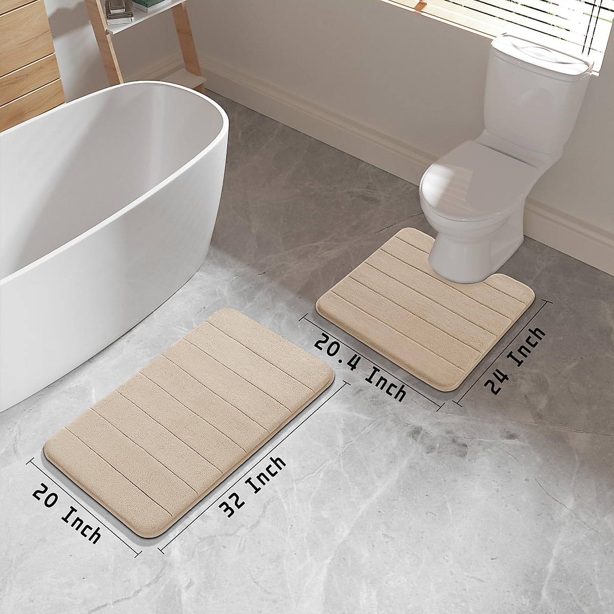 Yimobra Memory Foam Bath Mat Set, 2 Pieces Soft Bathroom Rugs,31.5x19.8 and 24x20.4 U-Shaped for Bathroom Rugs, Toilet Mats, Water Absorption, Non Slip, Thick, Dry Fast for Bathroom Floor Mats, Beige