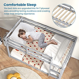 KOMFOTT Low Bunk Bed Twin Over Twin, Solid Wood Bunk Bed Frame with Built-in Ladder & Safety Guardrails, Space-Saving Low Bunk Bed for Kids, Teens, No Box Spring Needed