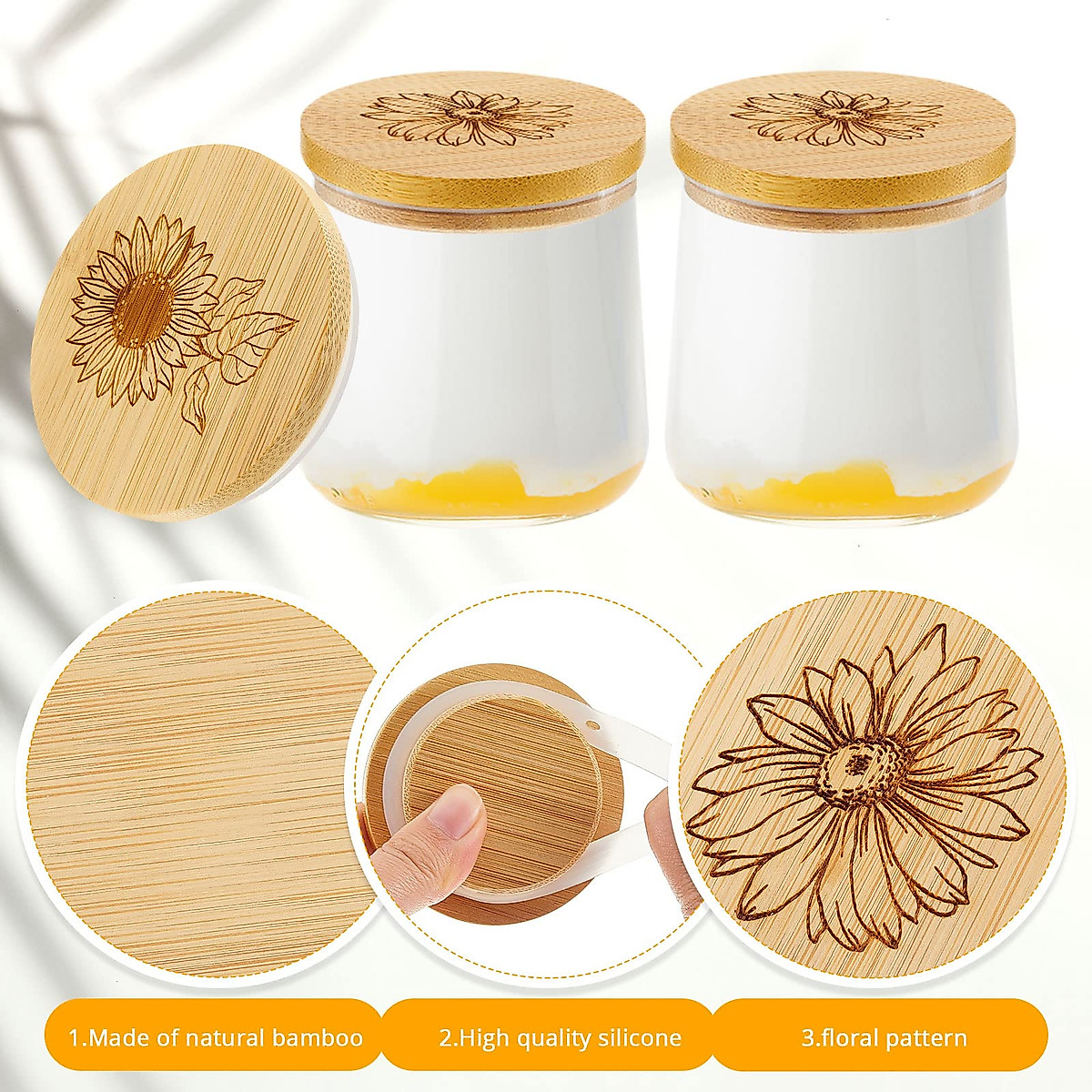 Gueevin Oui Yogurt Jar Lids Natural Bamboo Wooden Oui Lids Decorative Lids with Silicone Sealing Rings Compatible with Oui Yogurt Jars for Coffee Cookie Supplies(12 Pieces)