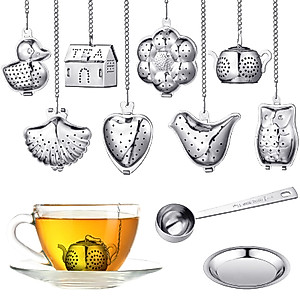 Vesici 10 Sets Loose Leaf Tea Infuser Set Stainless Steel Tea Strainer for Loose Tea Holder Infuser Ball Tea Filter Includes Chain Hooks and 1 Drip Trays with 1 Tea Spoon for Brew Tea Leaves Mug