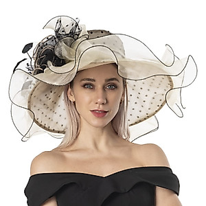 Women's Organza Church Hat Bridal Tea Party Wedding Tea Party Sun Hat with Detachable hat Flower as Headgear Beige