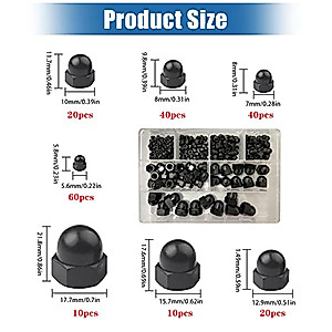200Pcs Black Nylon Acorn Nut, 7 Sizes Hex Acorn Cap Nuts M3 M4 M5 M6 M8 M10 M12 Nylon Female Thread Bolt Cover Cap Dome Nuts for Protecting Hexagon Shaped Threads Rods Studs and Bolts
