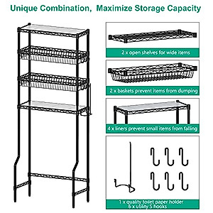 Folews Bathroom Organizer Over The Toilet Storage, 4-Tier Bathroom Shelves Over Toilet Shelf Above Toilet Storage Rack Freestanding Bathroom Space Saver with Adjustable Shelves and Baskets, Black