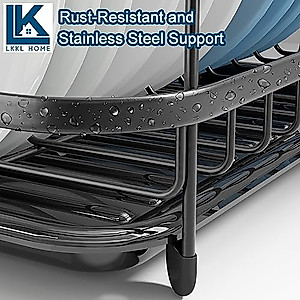 LKKL Dish Drying Rack, Large Capacity Dish Rack for Kitchen Counter, Extendable Dish Rack, Anti-Rust Stainless Steel Dish Drainer with Utensil Holder Cups Holder, Black