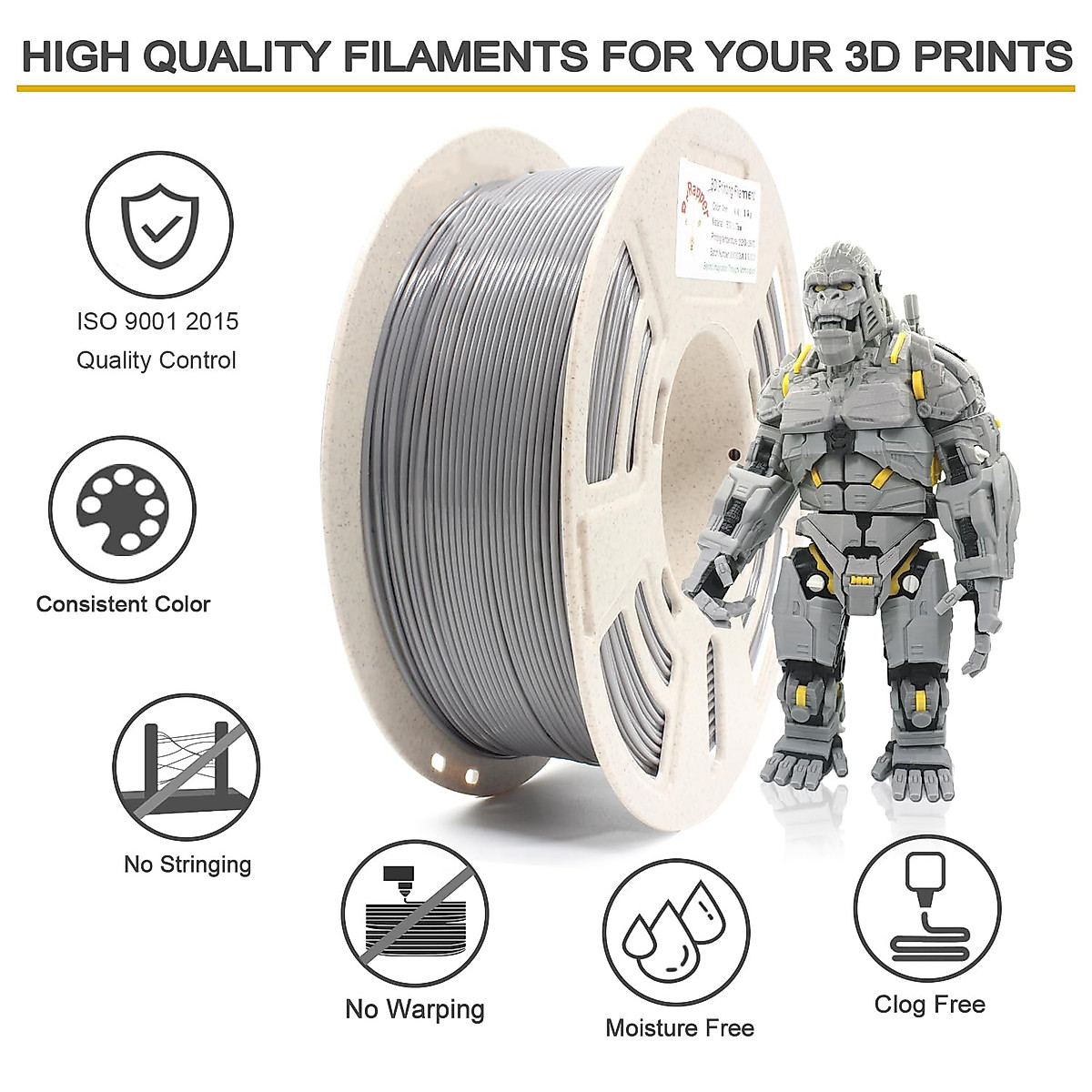 Reprapper Tangle Free Gray PVB Filament for 3D Printer & 3D Pen - Print Like PLA Filament 1.75mm Easy Smoothable Post Polishing with IPA Alcohol Smooth Finish Work Gray 1 kg (2.2 lbs).