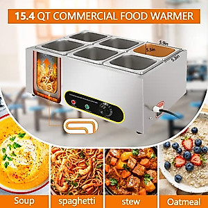 Commercial Food Warmer 110V 6-Pan 1500W Electric Steam Table Stainless Steel Bain Marie Buffet 15.4 Qt Capacity with Temperature Control & Tap for Parties, Banquet and Catering Events