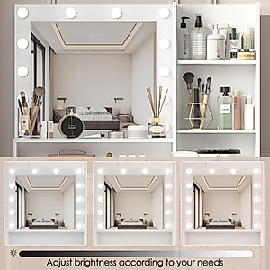 Palimder Vanity Desk with Mirror & Light, Large Drawer Three Level Storage Dresser, 3 Lighting Modes Adjustable Brightness, Bedroom Dressing Table (White Stool)