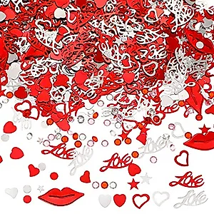 3000 Pieces Heart Confetti Valentine's Day Wedding Anniversary Party Table Scatter Confetti Decoration Metallic Foil Red Silver Red Lip Love Letter Confetti Glitter Heart Sequin for Valentine's Day