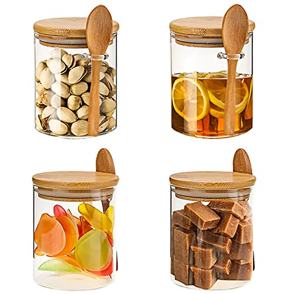 JOUALY 4-Pack Glass Food Storage Jar 18.2 oz,100% Sealed Borosilicate Glass Bamboo Glass Jars with Bamboo Lid and Bamboo Spoon for Candy, Spices, Coffee Beans, Nuts, Condiments, Cookies, Flour,Tea