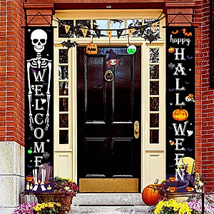 Halloween Decorations Outdoor - Happy Halloween & Welcome Skeleton Porch Banners for Halloween Decor - Front Door Outside Yard Garland Party Supplies
