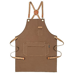 Chef Apron for Men Women with Pockets, Cross Back Apron for Kitchen Cooking Baking Artist Painting, Cotton Canvas Work Aprons for Shop, Garden, Restaurant, Cafe, M to XXL (Brown, 1pc Gift Box Pack)
