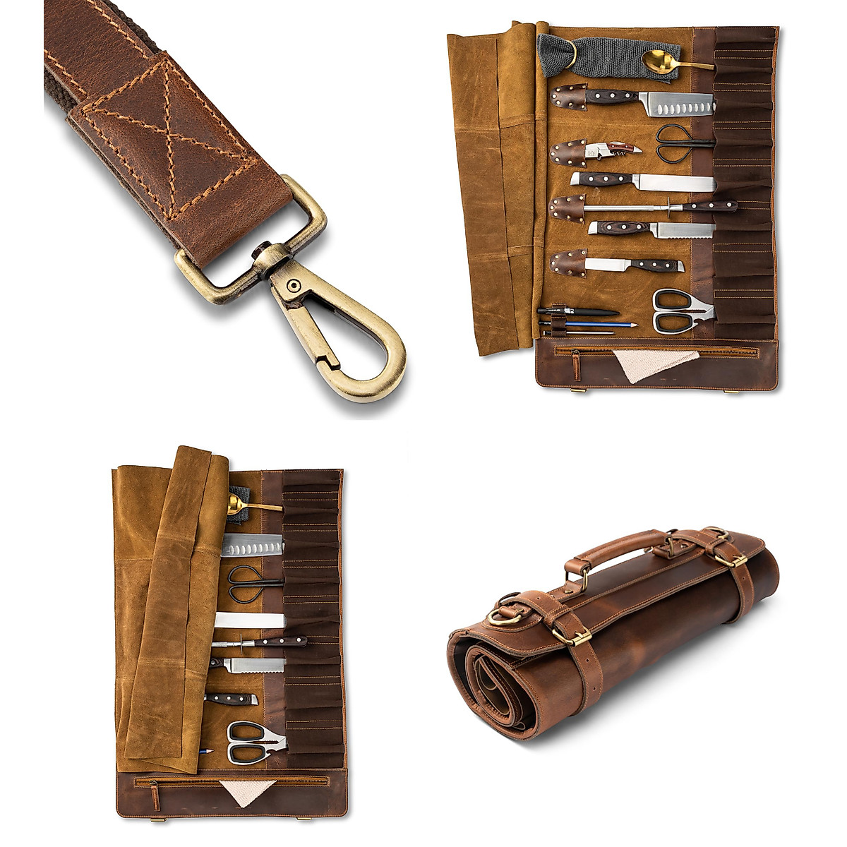 Angus Stoke Premium Leather Knife roll Storage Bag XXL - 14 Pockets, Buffalo Leather with Shoulder Strap, Chef's Knife Bag case Rene (Walnut-Brown)