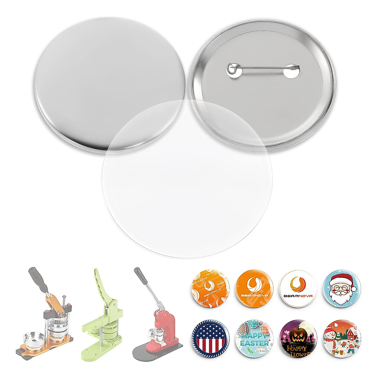 BEAMNOVA 100 Sets of Metal Button Supplies Blank 58mm / 2.28 in (Approx. 2-1/4 inch) for Button Maker Machine, Slick Metallic Back, Badge Making Parts Round DIY Pin Maker