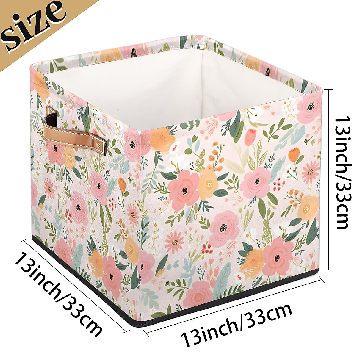 Piolysio Pink Flowers 13 Inch Storage Cube Bins Fabric Storage Bin with Leather Handles Foldable Storage Organizer Baskets for Closet, Shelves, Bedroom, Living Room