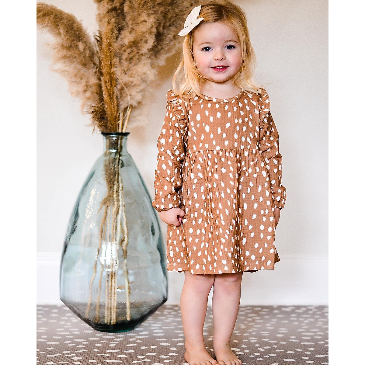 Hoanselay Toddler Infant Baby Girl Sister Matching Clothes Polka Dot Long Sleeve Romper Dress Cute Fall Winter Outfit Set (Brown, 5-6 Years)