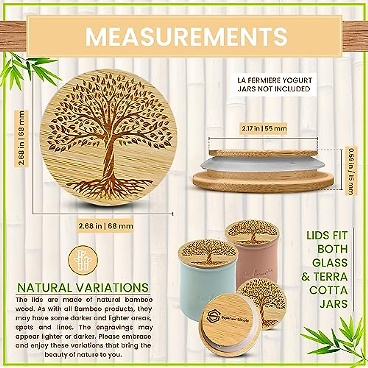 La Fermiere Yogurt Container Covers – Tree of Life Design or Choose a Design - 4 Bamboo Wood Lids Set With Extra Silicone Gaskets - Perfect Airtight Fit