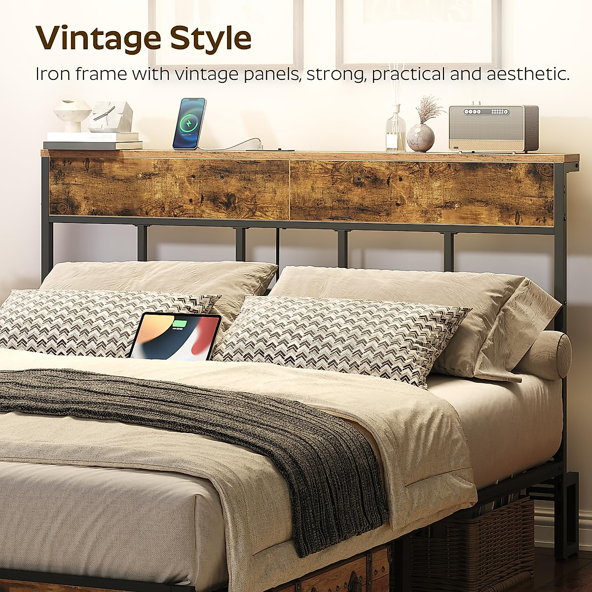 YATINEY Queen Size Headboard Only, Headboard for Queen Size Bed with Storage, Industrial Wooden Headboard with Outlet, USB and Type C Port, Adjustable Height, Sturdy and Stable, Rustic Brown and Black