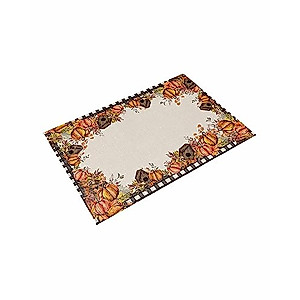 Thanksgiving Fall Outdoor Rug for Patio/Deck/Porch, Non-Slip Area Rug 5x8 Ft, Orange Pumpkin Maple Leaf Black White Plaid Indoor Outdoor Rugs Washable Area Rugs, Reversible Camping Rug Carpet Runner