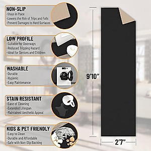 Machine Washable Modern Solid Design Non-Slip Rubberback 3x10 Traditional Runner Rug for Hallway, Kitchen, Bedroom, Living Room, 2'7" x 9'10", Black