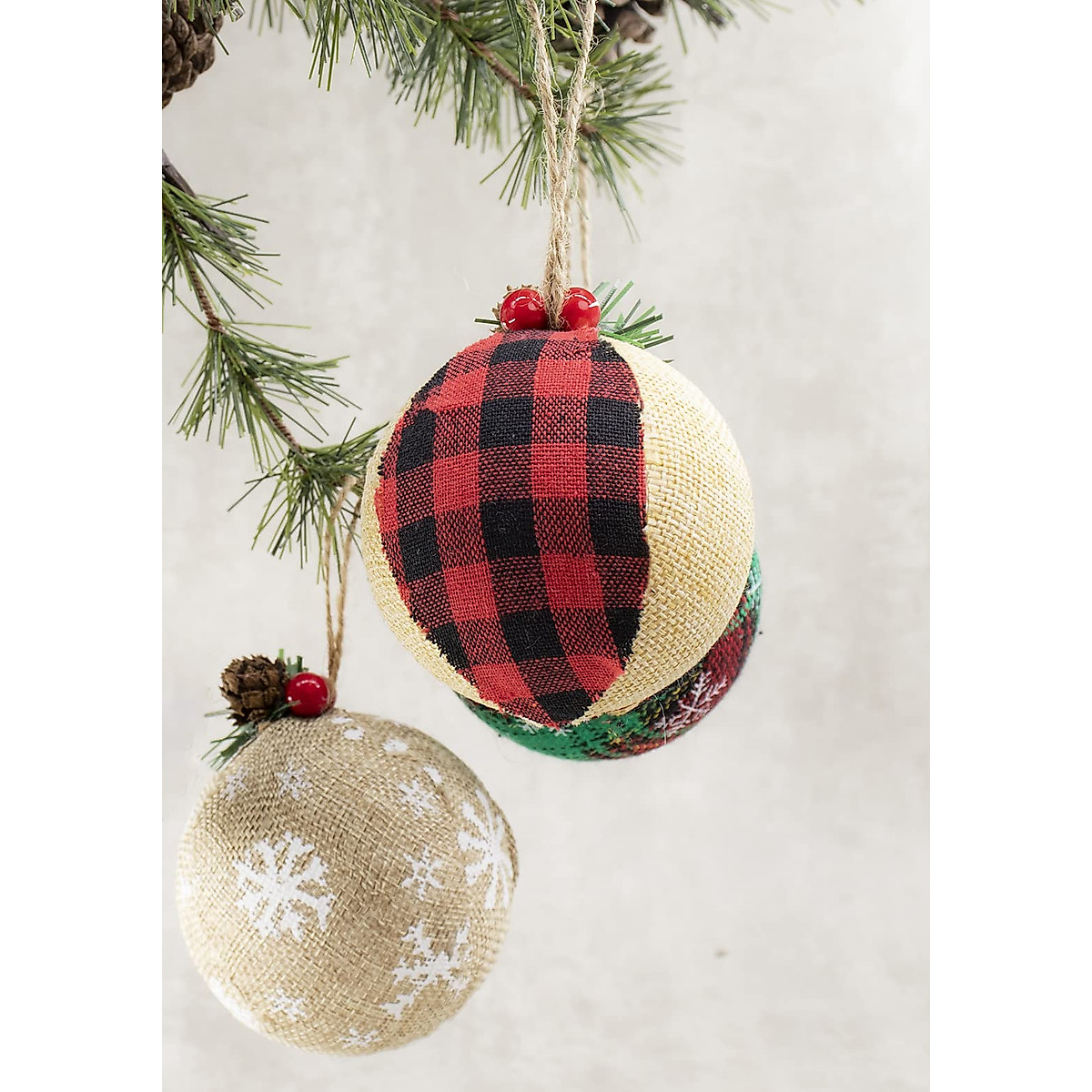 Burlap Christmas Hanging Ornaments, Farmhouse Rustic Christma Decorations, Natural Jute Ball Ornaments for Xmas Holiday Party Home Decor 12Pcs