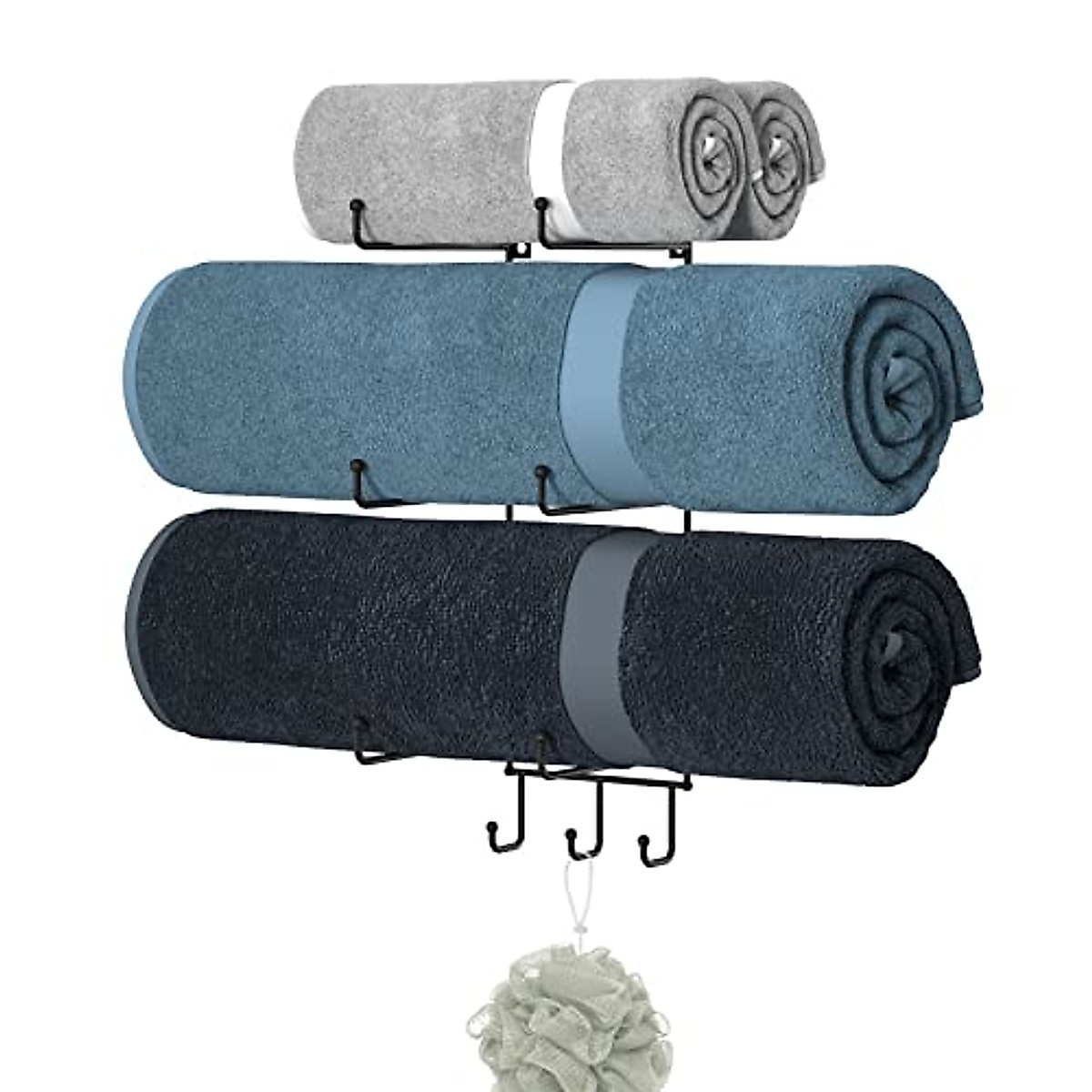 NPPLUS Largest Towel Rack for Bathroom, Towel Holder Wall Mounted with 3 Hooks for Hanging Towel Storage, Towel Organizer, Hand Towel Holder (Black)