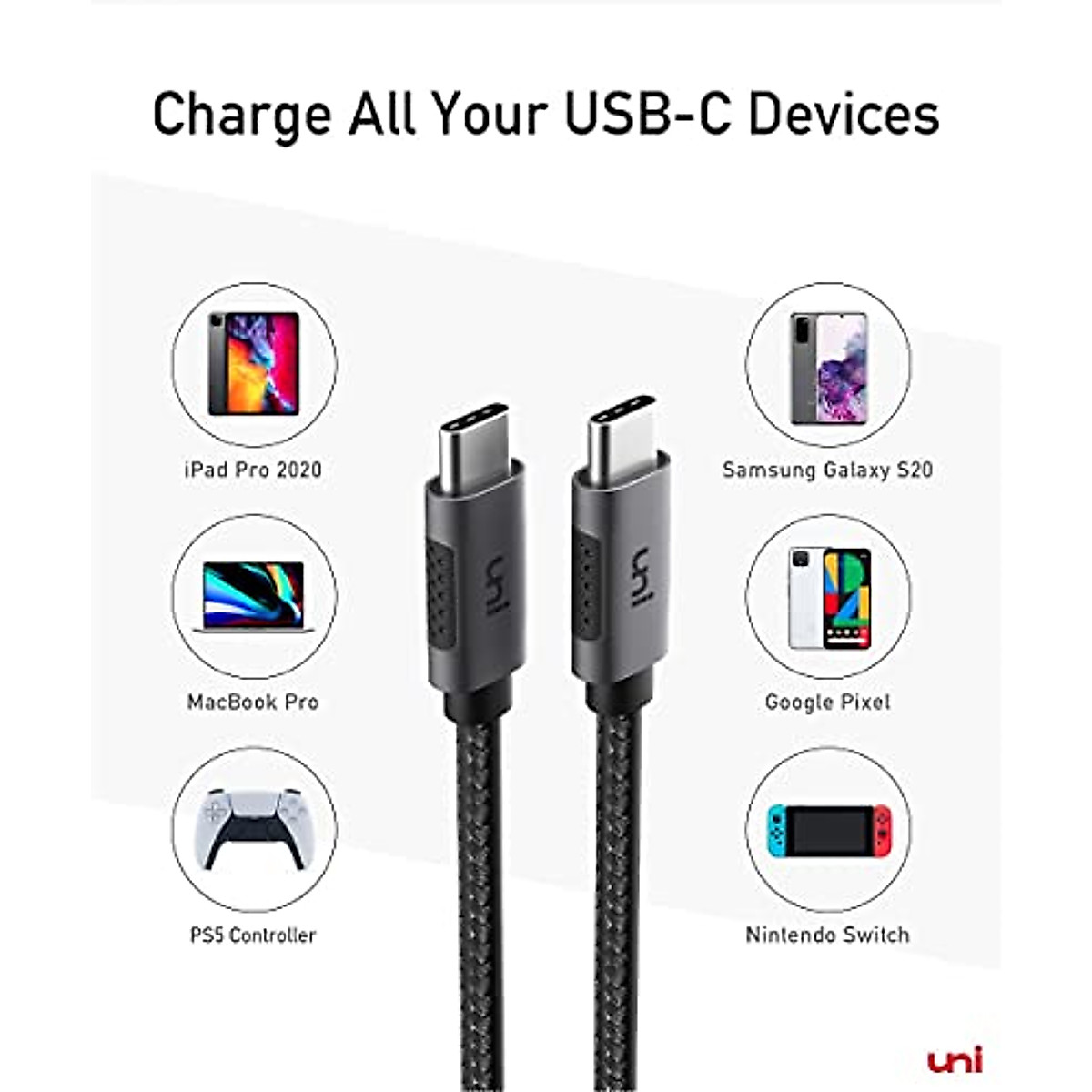 USB C to USB C Cable 15ft, uni Long USB Type C 100W Fast Charging Nylon Braided Cable (5A 20V) Compatible with iPad Pro 2019/2018, MacBook Pro 2020/2019/2018, Dell XPS 13/15, Surface Book 2 and More