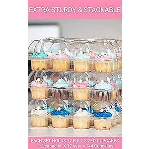 (12Pack x 12 Sets) STACK'nGO Cupcake Carriers - Sturdy Strong High Tall Dome Containers Plastic Disposable Storage Boxes Dozen Compartments Slots Holder Cupcakes Box Tray Container Cup Cake Holders