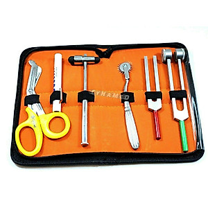 Student Diagnostic Kit- Reflex Hammer & Tuning Fork Set C 128 And C 512 + Wartenberg Pinwheel Premium Steel Bandage Scissor 7.5” (Set Of 6 Reflex Buck Hammer Yellow Scissor Penligh)