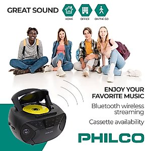 Philco Portable Bluetooth Boombox with CD and Cassette Player | Cassette Recorder | Connect to Headphones | CD Player is Compatible with MP3/WMA/CD-R/CD-RW CDs | 3.5mm Aux Input | AC/Battery Powered