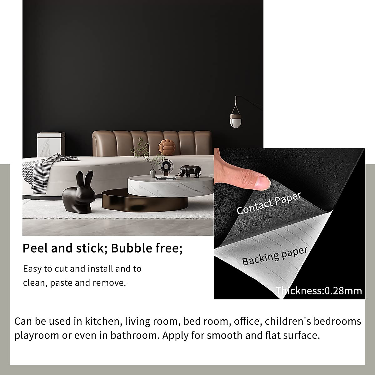 FUKU MON 24"x394" Black Wallpaper Peel and Stick Black Contact Paper Matte Solid Black Textured Self Adhesive Removable Thick Vinyl Film Roll for Cabinets Bedroom Wall Decoration