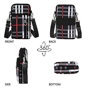 Small Crossbody Wallet Phone Bag, Nylon Cell Phone Purse, Travel Crossbody Bag Cell Phone Shoulder Bag Arm Bag Mini Wallet Purse, with Headphone Port (Black Plaid)