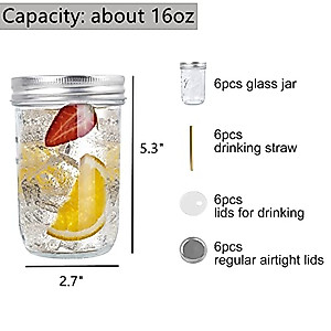 Dicunoy Set of 6 Drinking Mason Jar with Lids and Straws, 16OZ Wide Mouth Glass Bubble Tea Cup, Reusable Smoothie Cups, Canning Jars for Preserving, Meal Prep, Overnight Oats, Jam