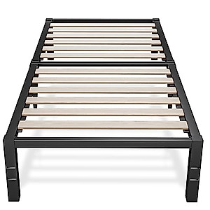 ROIL 14 inch Twin Size Bed Frames with Wide Wood Slats - 3500lbs Heavy Duty No Box Spring Needed Platform, Mattress Stoppers Single Metal Noise Free Bedframe with Headboard Hole Underneath Storage