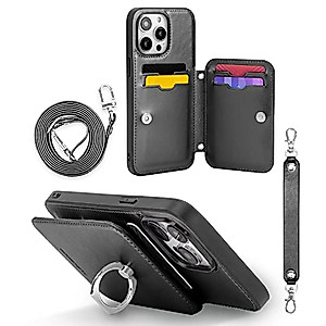 GOOSPERY Rich-Fit iPhone 14 Pro Max Crossbody Wallet Case for iPhone 14 Pro Max Case [Strap Included] with Card Holder Lanyard Magnetic Clasp [Kickstand Ring] Heavy Duty Protection, Black