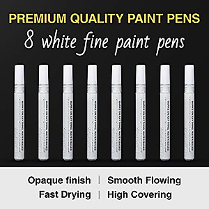 White Paint Pen for Art - 8Pack Acrylic White Paint Marker for Rock Painting, Stone, Wood, Canvas, Glass, Metal, Metallic, Ceramic, Tire, Graffiti, Paper, Drawing, Highlight Water-Based Paint Sets